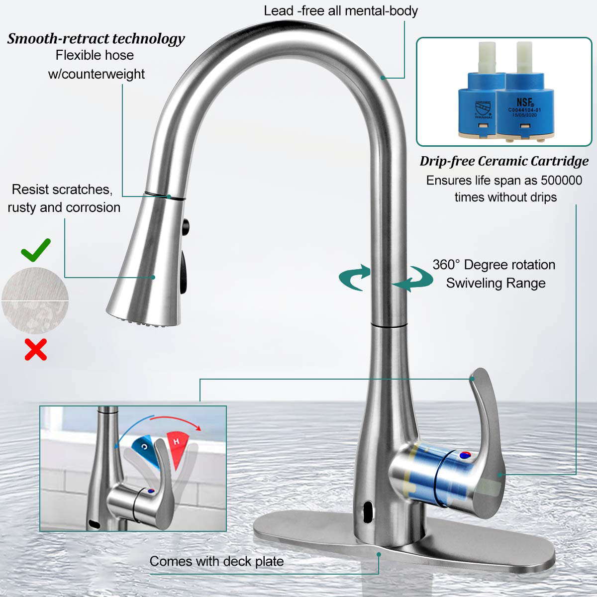Aquacubic cUPC CECSanitary Modern Automatic Sensor Pull Out Kitchen ...
